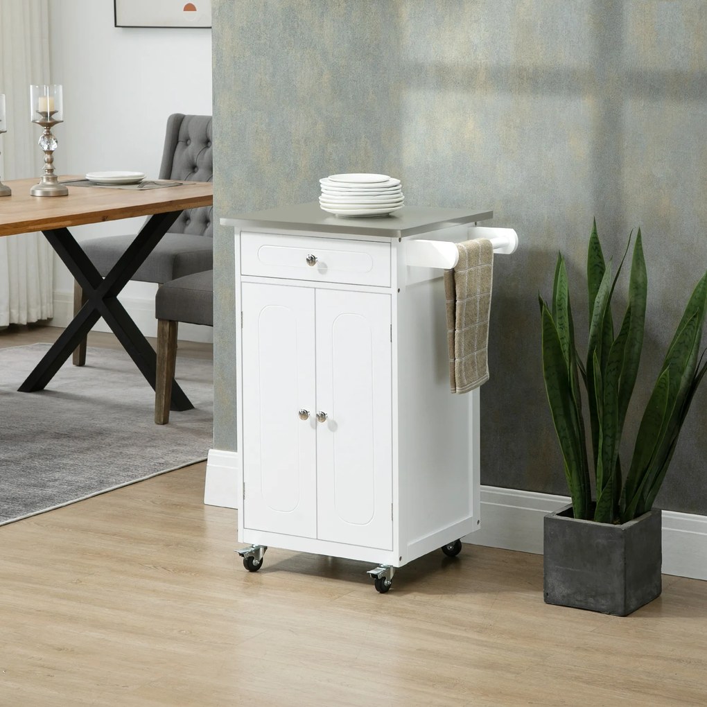 HOMCOM Bílý Kitchen Island Trolley z MDF a nerezové oceli s kolečky, víceúložný, 1 zásuvka, skříňka s 2 dveřmi a držákem na utěrku