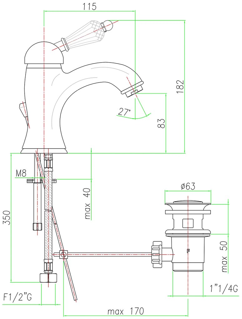 SAPHO KIRKÉ CRYSTAL stojánková umyvadlová retro baterie s výpustí, páčka krystal, zlato KI02KZ