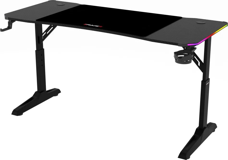 Výškově nastavitelný herní stůl ERACER H1214 — 140x60 cm, kov, melamin, černá, RGB podsvícení