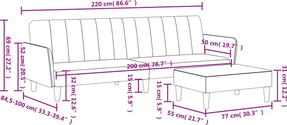 vidaXL 2místná rozkládací pohovka s podnožkou samet [3216254] Barva: Černá