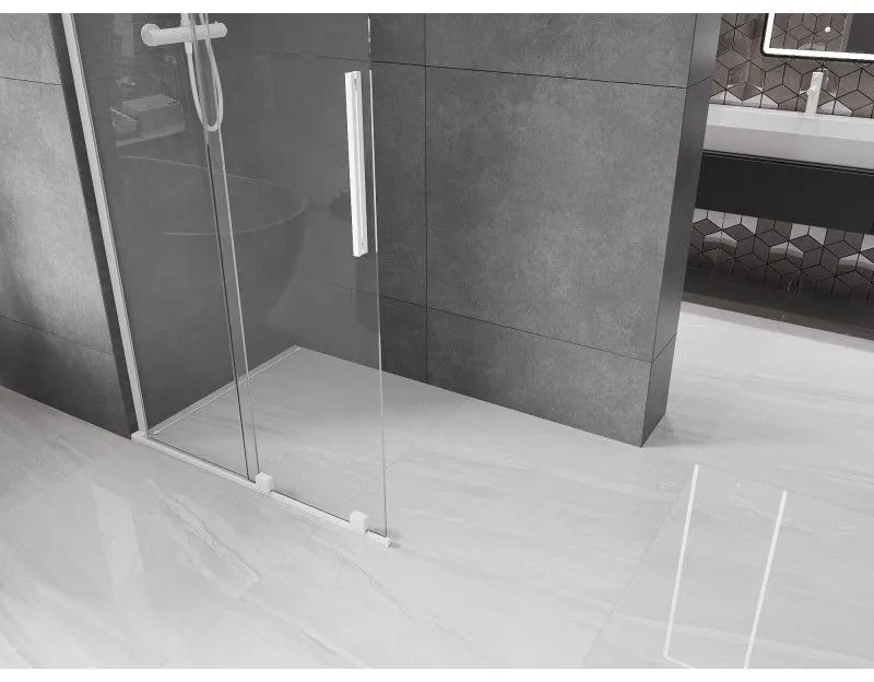 Mexen Velar L, posuvná sprchová zástěna Walk-in 110 x 200 cm, 8mm čiré sklo, bílá matná, 871-110-003-03-20