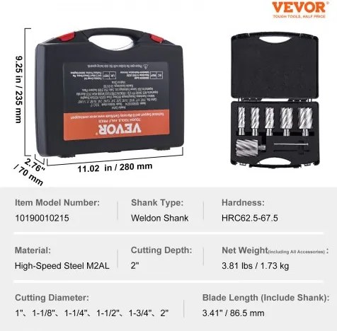 Sada prstencových fréz, 6 ks vrtáků Weldon Shank Mag, 5,1 cm hloubka řezu, 2,5–5,1 cm