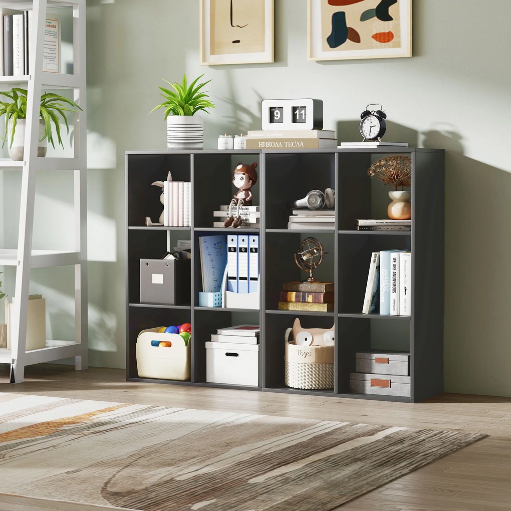 HOMCOM regálový stojan ve tvaru kostky se 6 přihrádkami z dřeva v rustikálním designu, 61,5x29,5x91,5 cm, černá