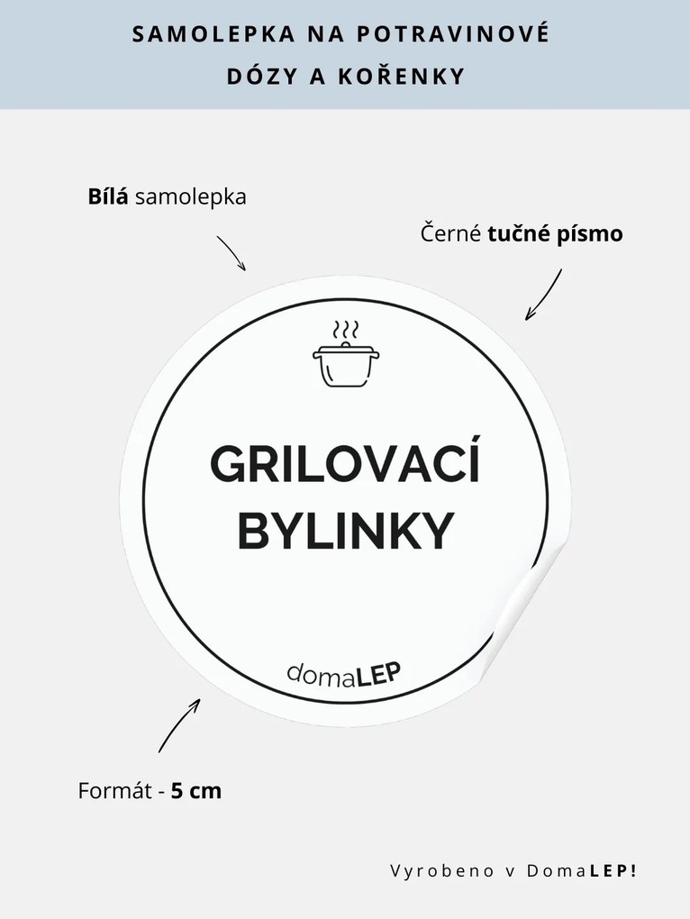Samolepka na kořenky GRILOVACÍ KOŘENÍ bílá 5 cm tučné písmo