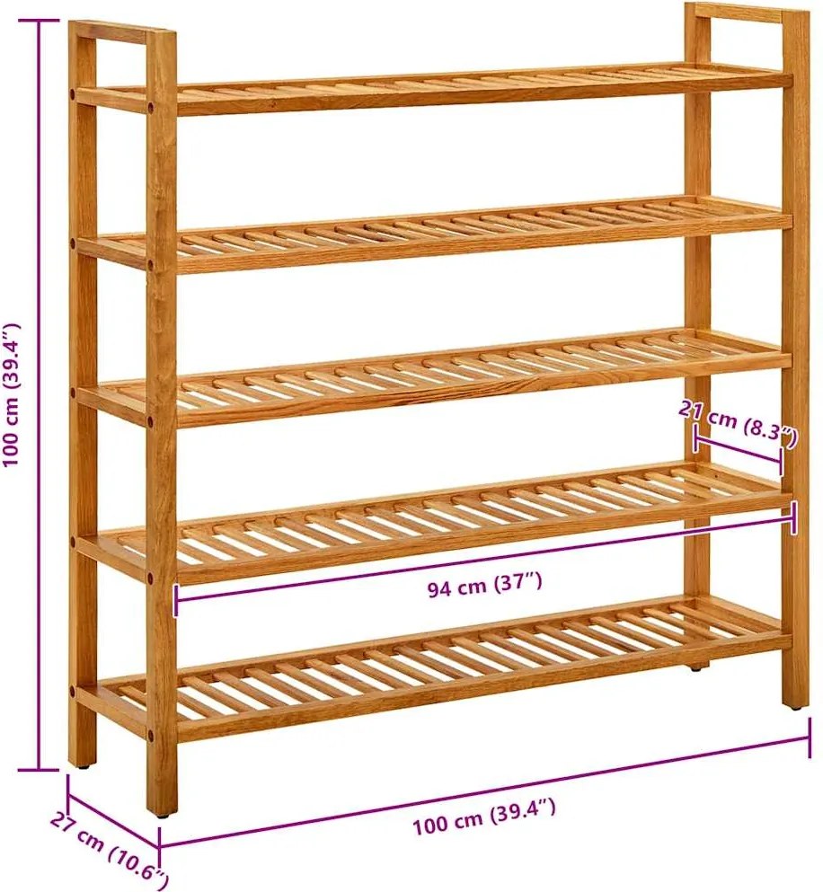 Botník s 5 policemi 100 x 27 x 100 cm masivní dubové dřevo 331751