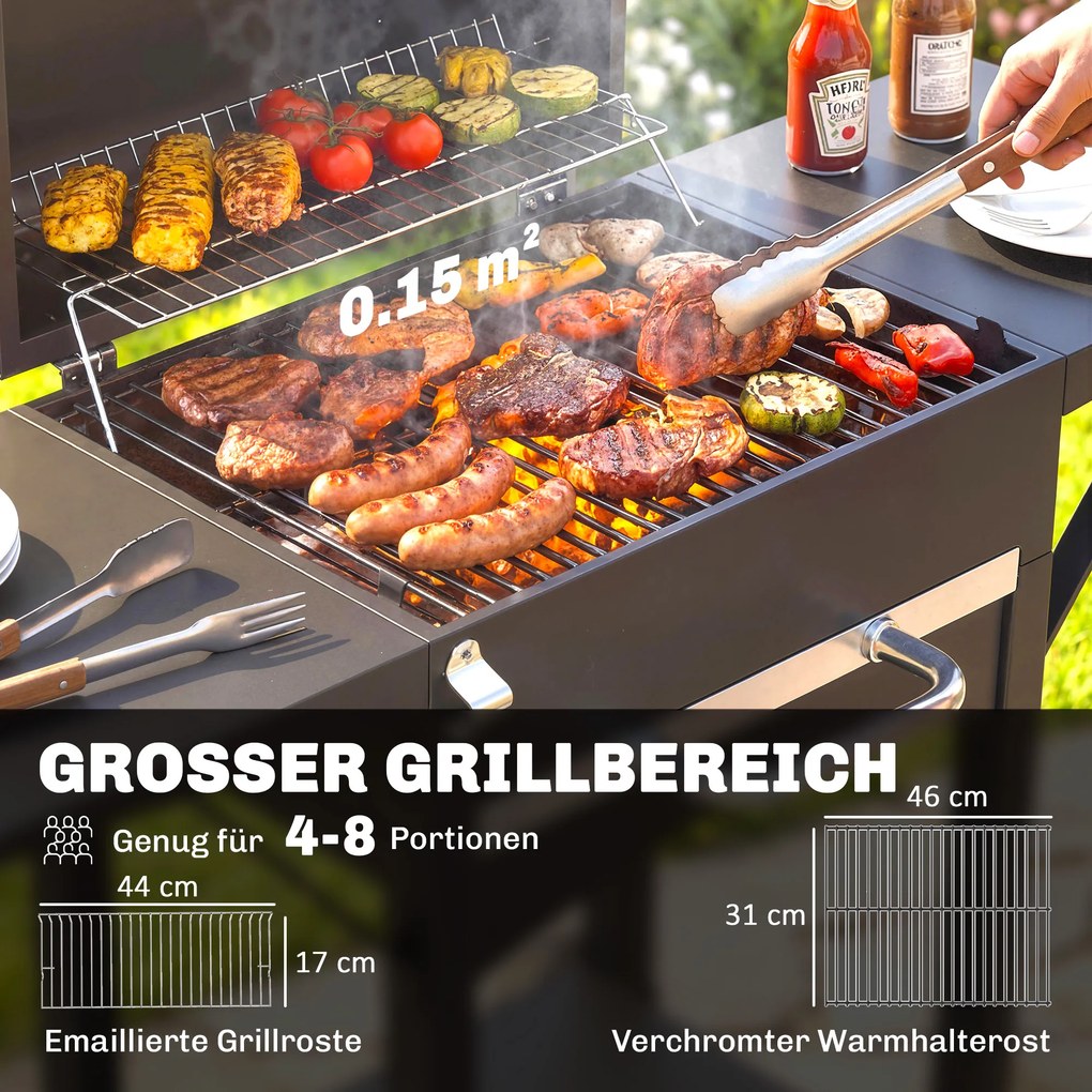 Outsunny gril na dřevěné uhlí s poklopem — BBQ vozík s 2 bočními stolky, velká grilovací plocha, teploměr a kolečka, 110 x 46,5 x 101 cm (černý)