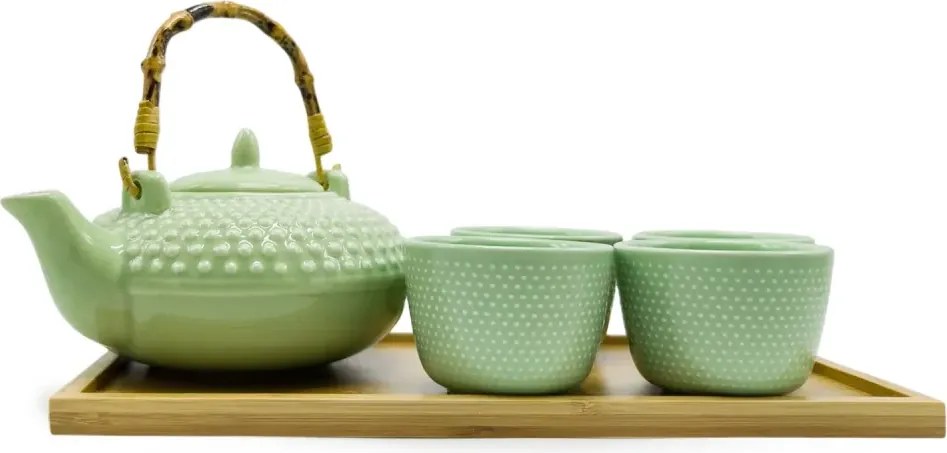 Porcelánová čajová souprava Tanaka pro 4, 0,6 l – jadeitově zelená s reliéfem