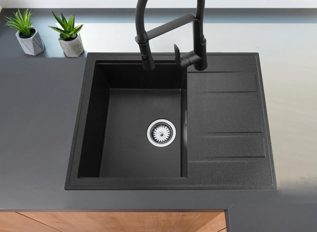Gamma Modern 6550, 1-komorový granitový dřez 650x500x210 mm s krátkým odkapávačem, černá skvrnitá, GMA-ZLE000090