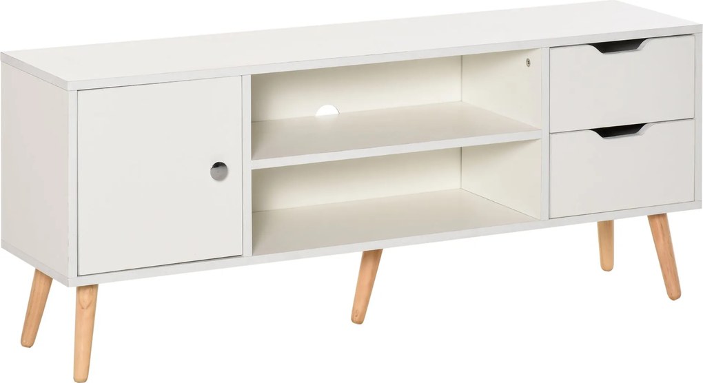 HOMCOM TV Stánek pro 50" Televize Moderní Obývací Stůl s 2 Otevřenými Policemi a 2 Zásuvkami Nosnost 30 kg pro Ložnici 120x28x44 cm Bílý | Aosom