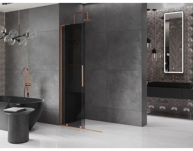 Mexen Velar L, posuvná sprchová zástěna Walk-in 120 x 200 cm, 8mm šedé sklo, měděná matná, 871-120-003-43-65