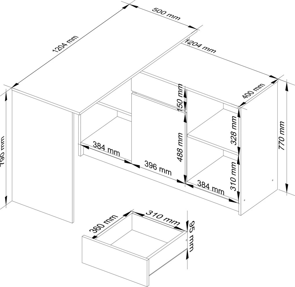 Rohový psací stůl B-17 s komodou bílý/grafitově šedý