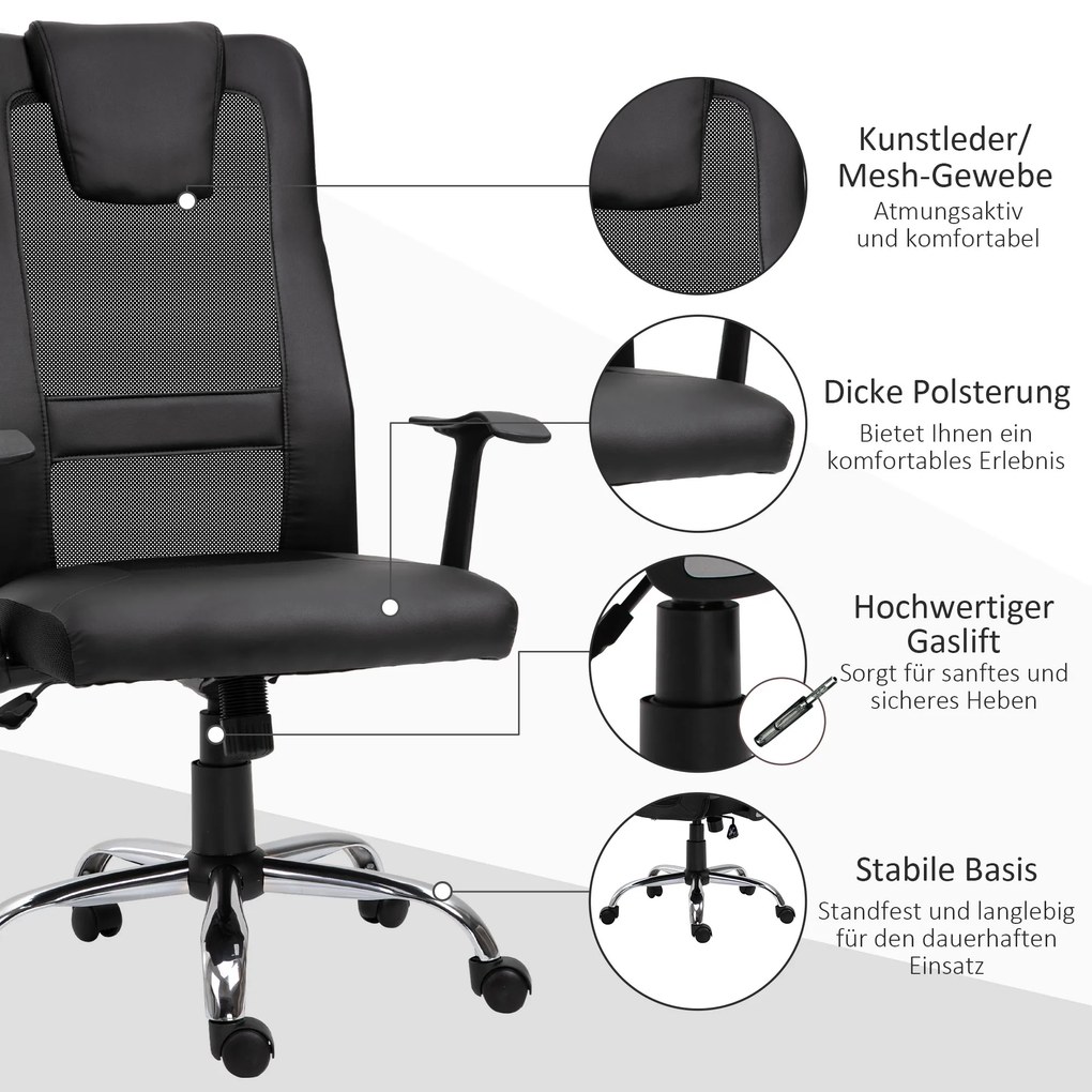 Ergonomická kancelářská židle Vinsetto s nastavitelnou výškou, funkcí houpání a područkami do 120 kg v černé barvě pro pohodlnou práci