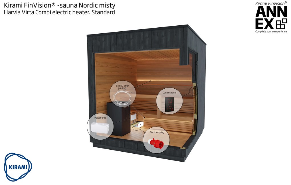 Sauna Kirami FinVision® - M Nordic misty Varianta: s ohřívačem Harvia Legend 110, Orientace: Levá