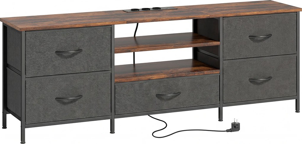 HOMCOM TV nábytek 140 cm, TV stolek 165,1 cm, dokovací stanice, 5 látkových zásuvek, otevřené police, 140x30x50 cm, rustikální hnědá