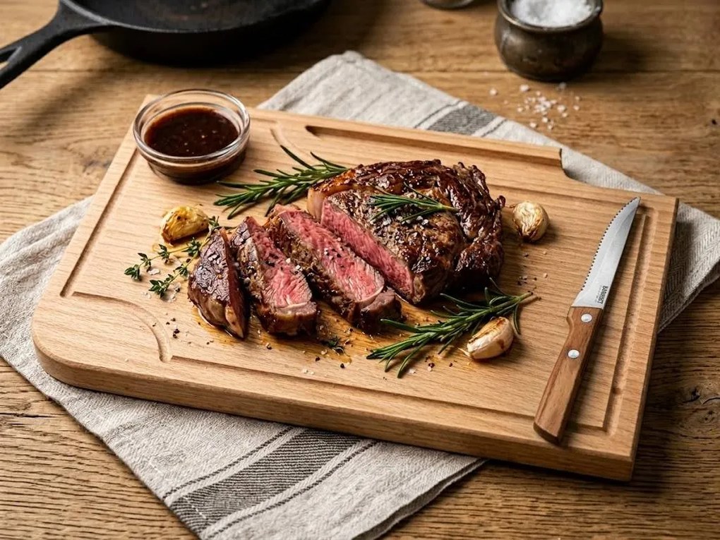 AMADEA Dřevěné prkénko na steak s nožem a miskou, masivní dřevo, 30x20x1,5 cm