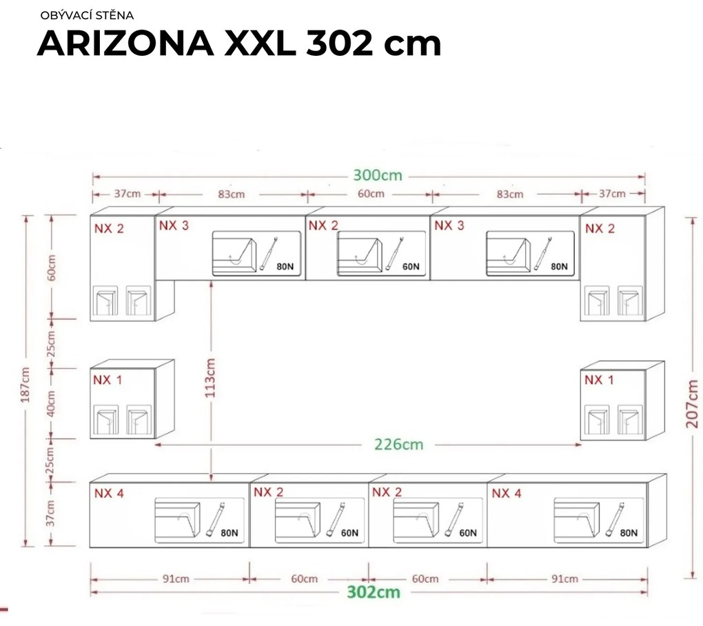 Ral Obývací stěna ARIZONA XXL, 302 cm - Černý lesk