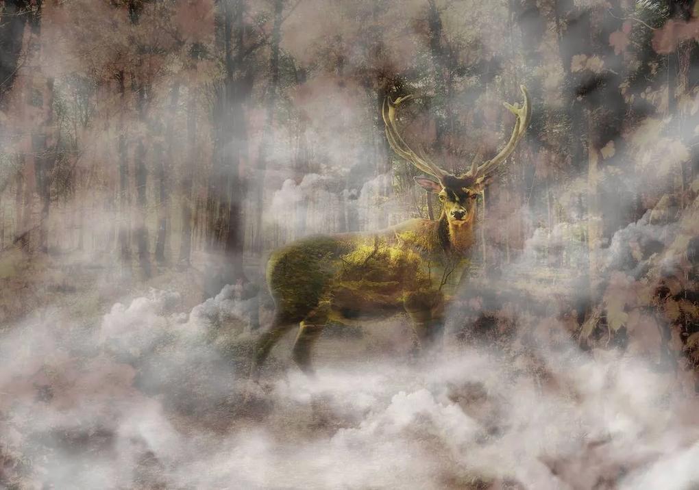 Fototapeta - Zlatý jelen v mlhavém lese (254x184 cm)