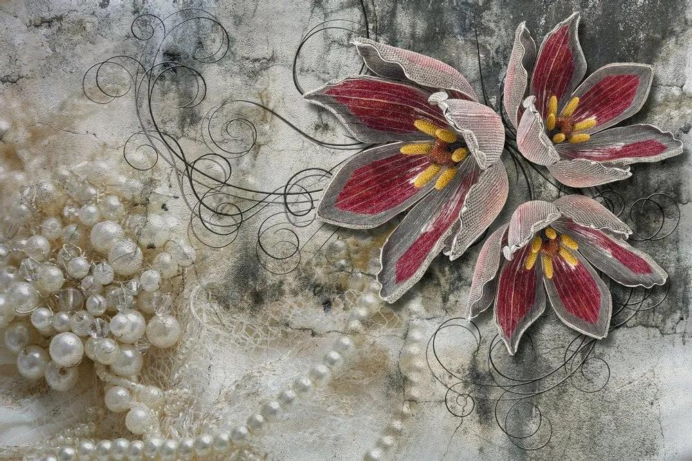 Samolepící tapeta květiny s perlami - 300x200 cm