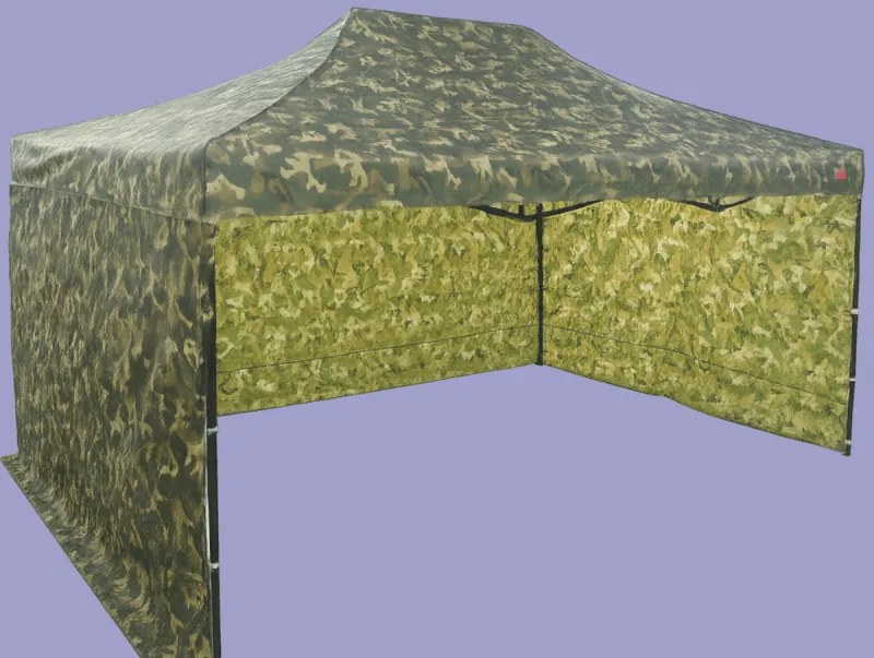 Nůžkový stan 3x4,5m ocelový, 3 boční plachty, Maskáčová