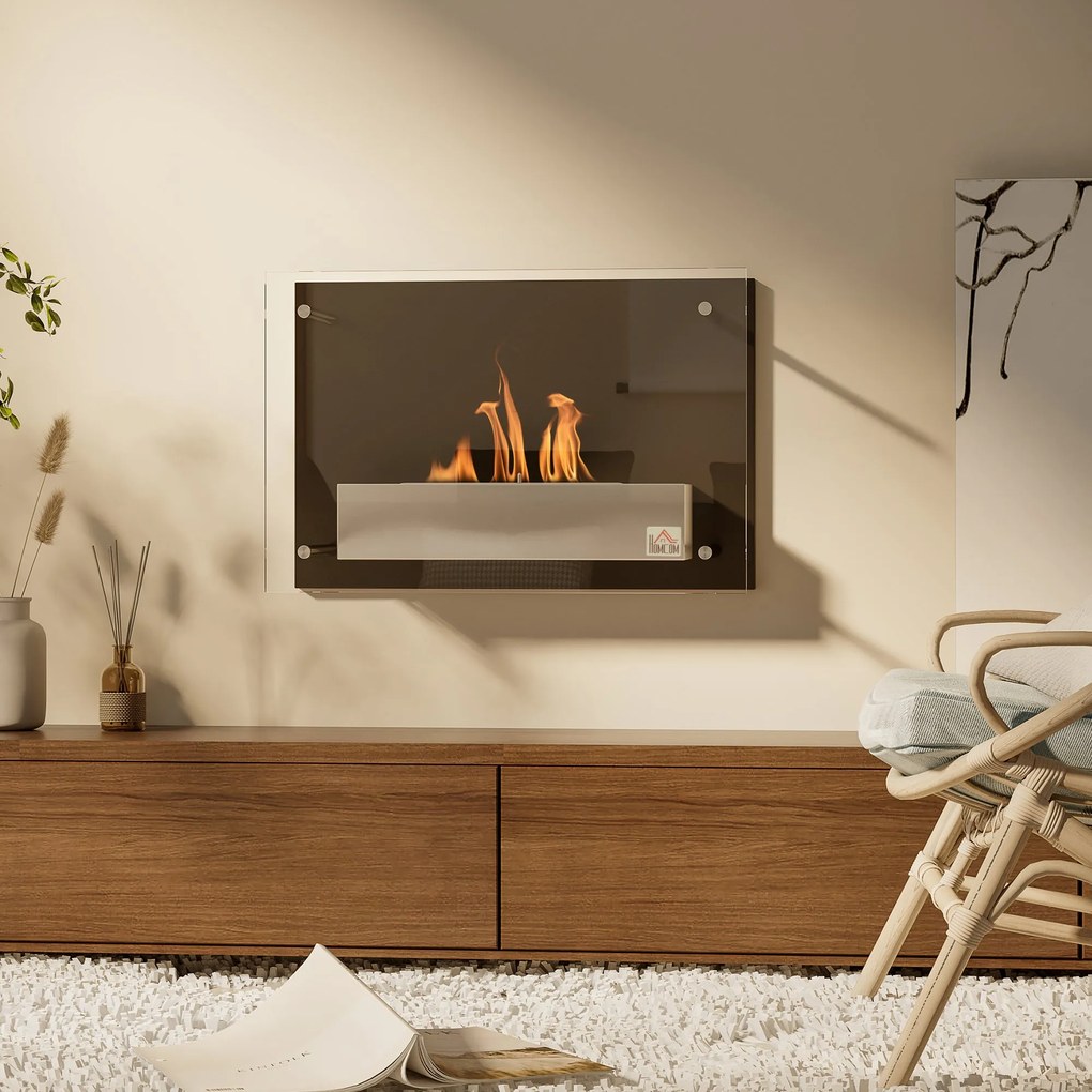 HOMCOM Nástěnný Bioetanolový Krb Ethanolová Kamna Kapacita 1,5 L, 3 Hodiny Hoření, Nerezová Ocel pro 20-25 m² 60x22x40 cm Černá