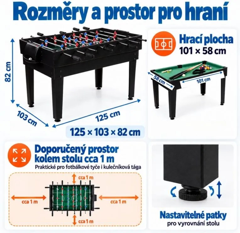 Multifunkční herní stůl 15 v 1, černý