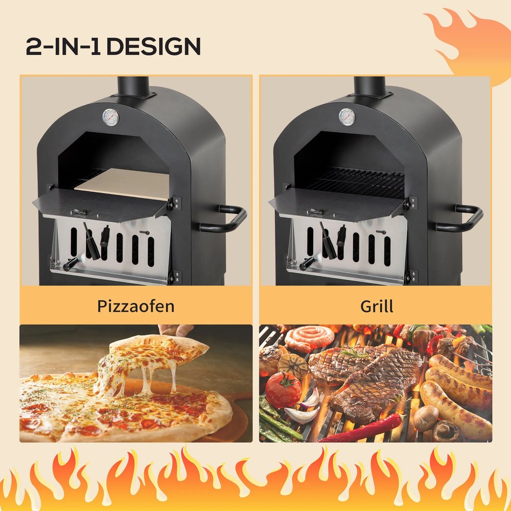 Outsunny 2v1 venkovní pizza trouba na kolečkách s grilem a krytem, pizza lopata, 2 grilovací sítě, grilovací vozík s komínem, 3-vrstvá trouba na dřev…