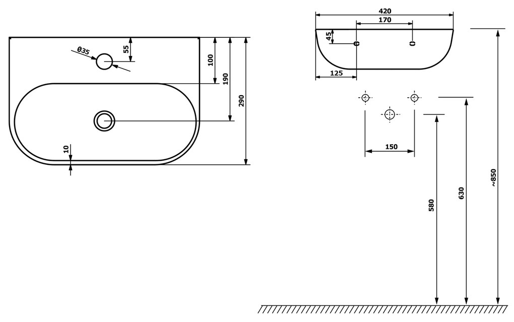 Sapho, NERISSA keramické umyvadlo 41,5x12,5x28,5 cm, černá matná, AR265B