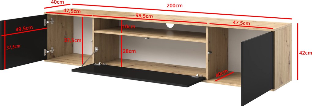 Eka Závěsný stolek pod televizi EMI 200 cm - Černý mat