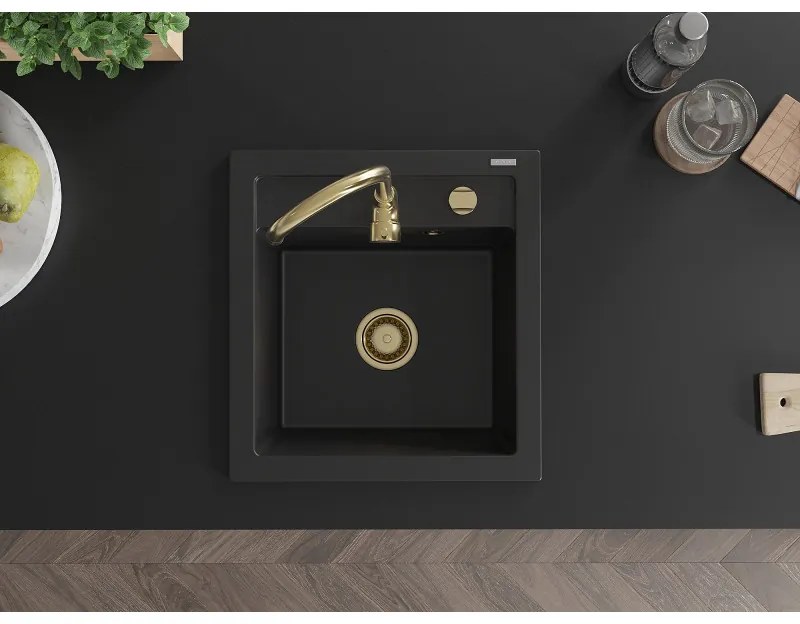 Mexen Vito, granitový dřez 520x490x210 mm, 1-komorový, černá se zlatým sifonem, 6503521000-77-G