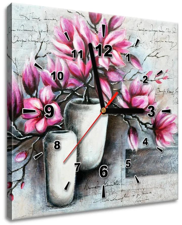 Gario Obraz s hodinami Růžové magnolie ve váze Rozměry: 100 x 40 cm