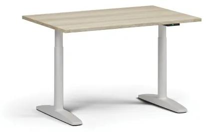 Výškově nastavitelný stůl OBOL, elektrický, 675-1325 mm, deska 1200x800 mm, bílá zaoblená podnož, dub přírodní