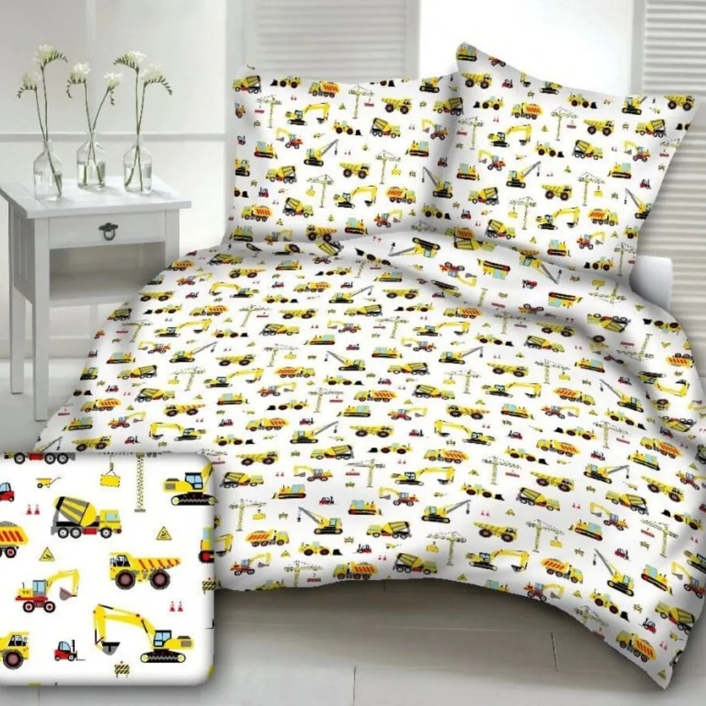 Povlečení bavlněné dětské Stavební stroje TiaHome - 1x Polštář 90x70cm, 1x Přikrývka 140x200cm