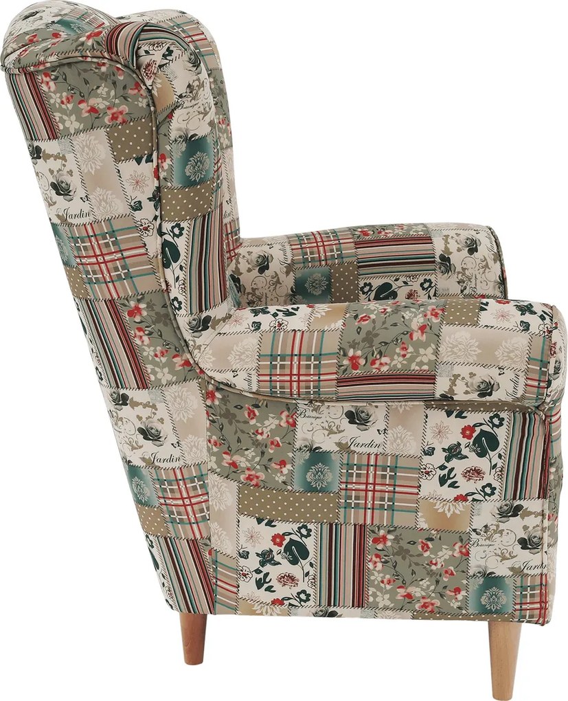 relaxační křeslo, ušák, dřevo/látka, nohy světlé/potah patchwork viorica 1, Tempo Kondela CHARLOT