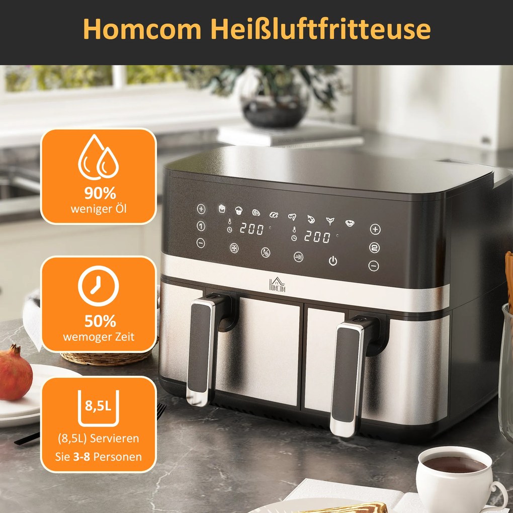 HOMCOM Horkovzdušná fritéza 8,5 l Dvoukomorová fritéza 8v1 s nepřilnavým povrchem Dotykový displej Chytrý časovač bez oleje Černá | Aosom