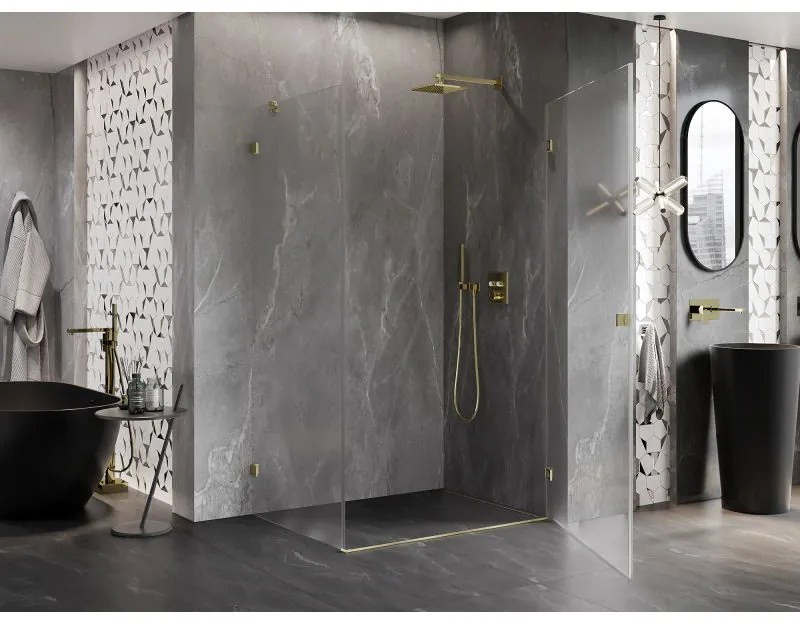 Mexen Lunar-B, pravostranný výklopný sprchový kout 85 x 80 cm, 8mm čiré sklo, zlatý kartáčovaný - 832-085-080-55-00-P