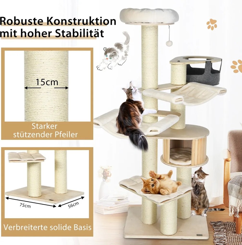 Costway 197 cm 7patrové dřevěné škrabadlo s houpací sítí a jeskyní pro kočky