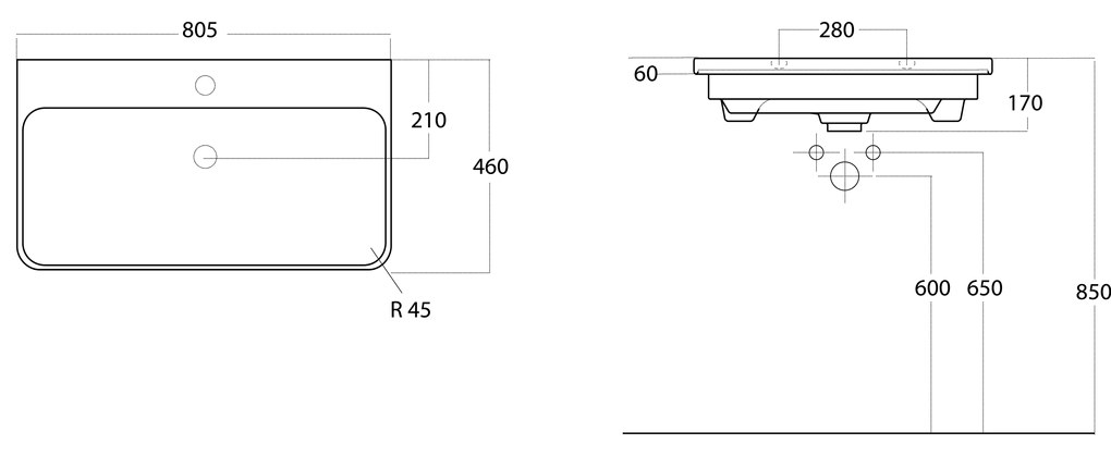 Sapho, THALIE 80 keramické umyvadlo 80x46 cm, nábytkové, TH11080