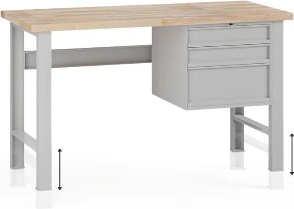 Výškově nastavitelný dílenský stůl G7, buková spárovka, 1500 x 800 x 840-1040 mm, 1x kontejner, 3 zásuvky, šedá