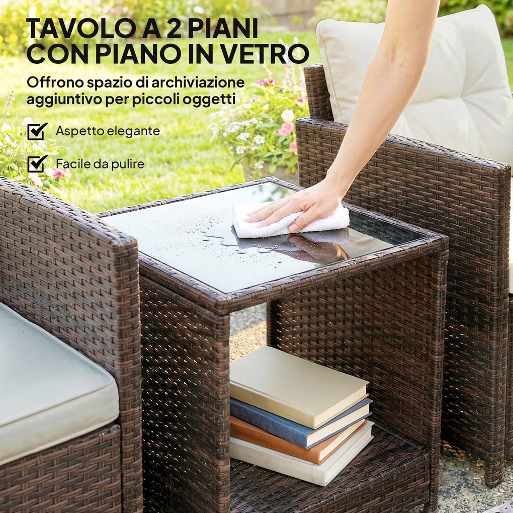 Outsunny 3dílný PE ratanový zahradní set — 2 křesla s polstrováním a konferenční stolek se skleněnou deskou, hnědá/krémová — balkon/terasa