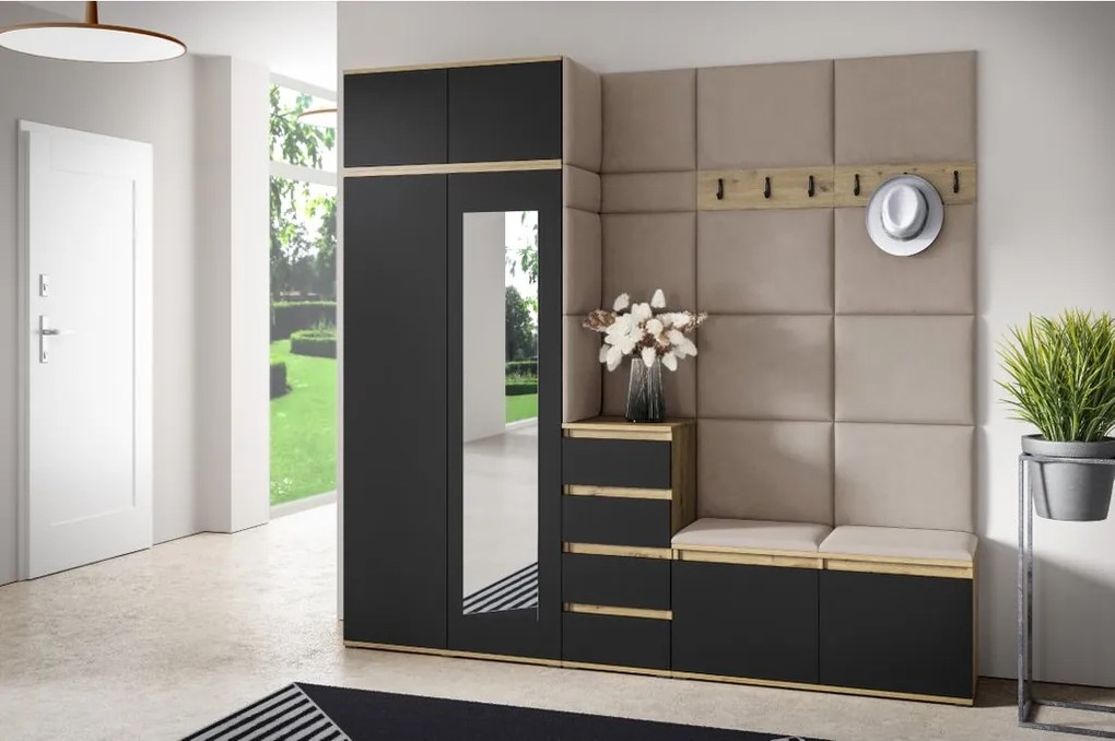 Eka Předsíňová stěna s čalouněnými panely Trinity 33 - Dub Artisan s černou / Světlá béžová 2303