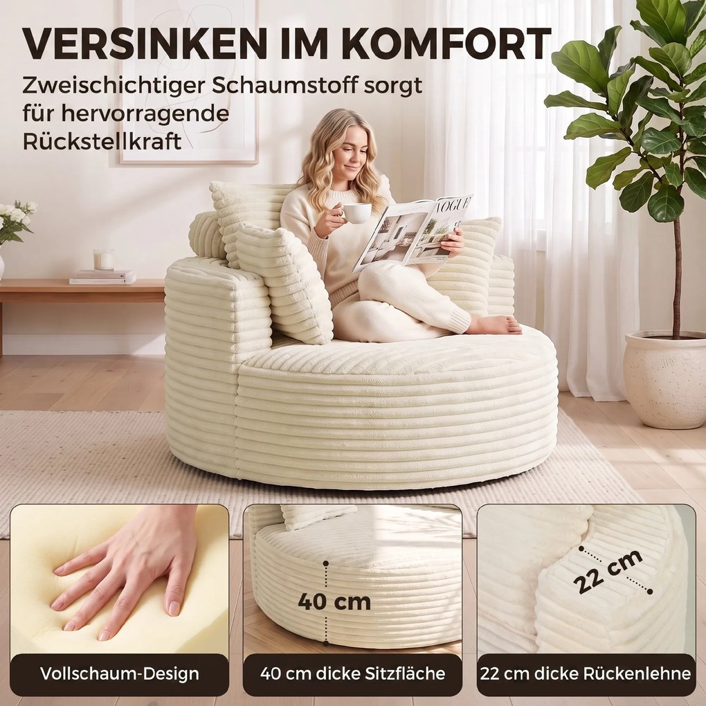 HOMCOM Křeslo s hlubokým sedákem, jednosedací pohovka bez pevného rámu, design z plné pěny, 4 polštáře, krémově bílá