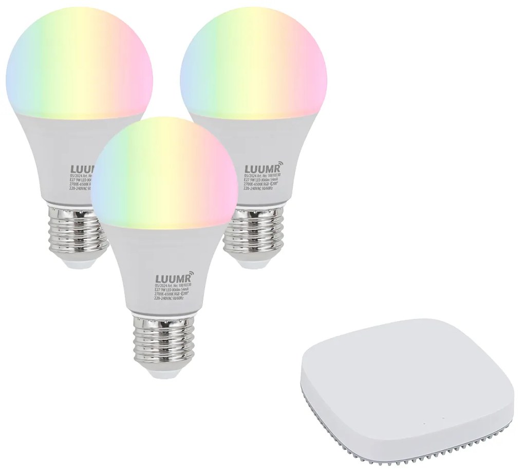 Sada 3 chytrých stmívatelných LED žárovek E27 A60 9W 806 lm 2700K-6500K včetně Zigbee Smart Hub