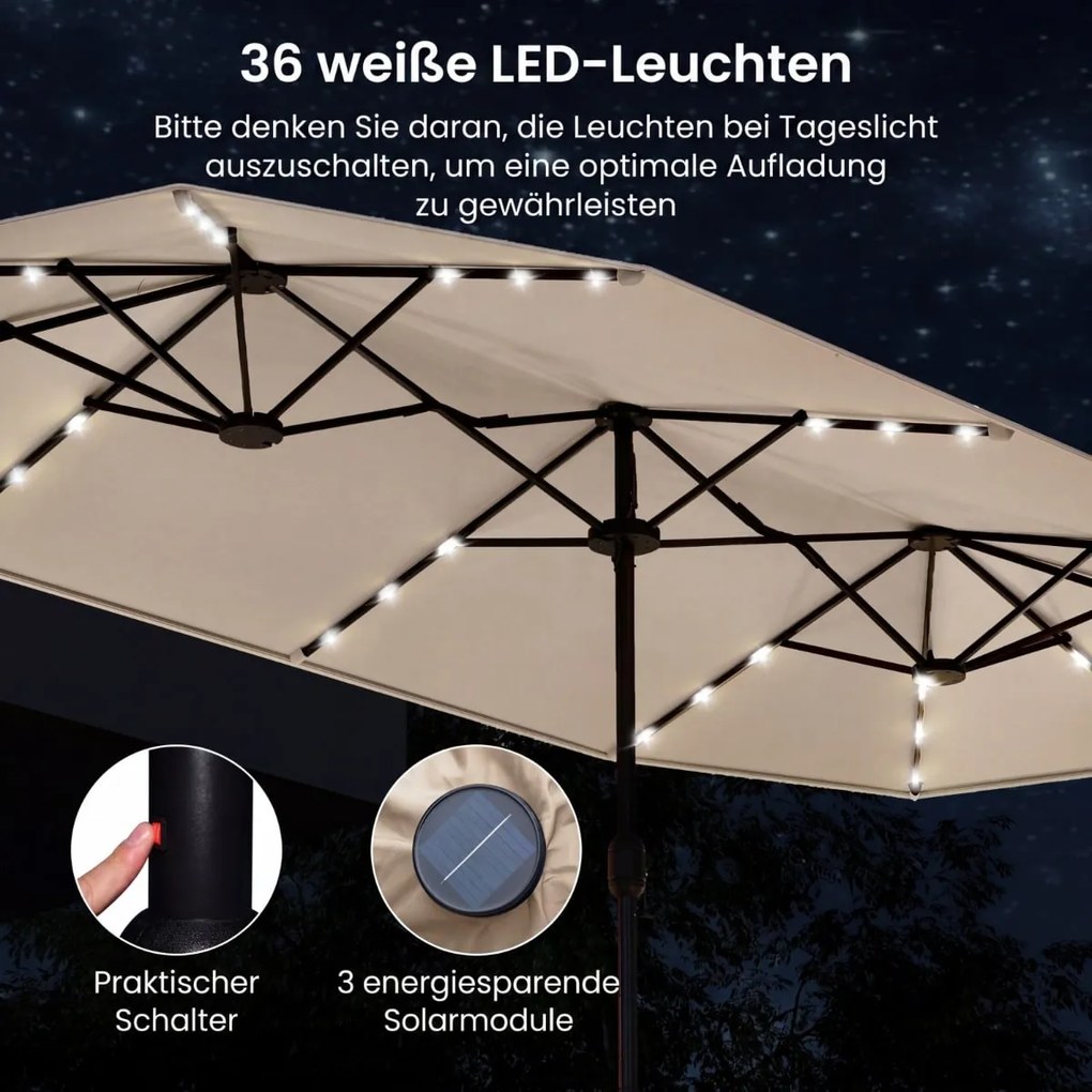 Costway Dvojitý slunečník se stojanem a LED světly a UPF 50+, béžový