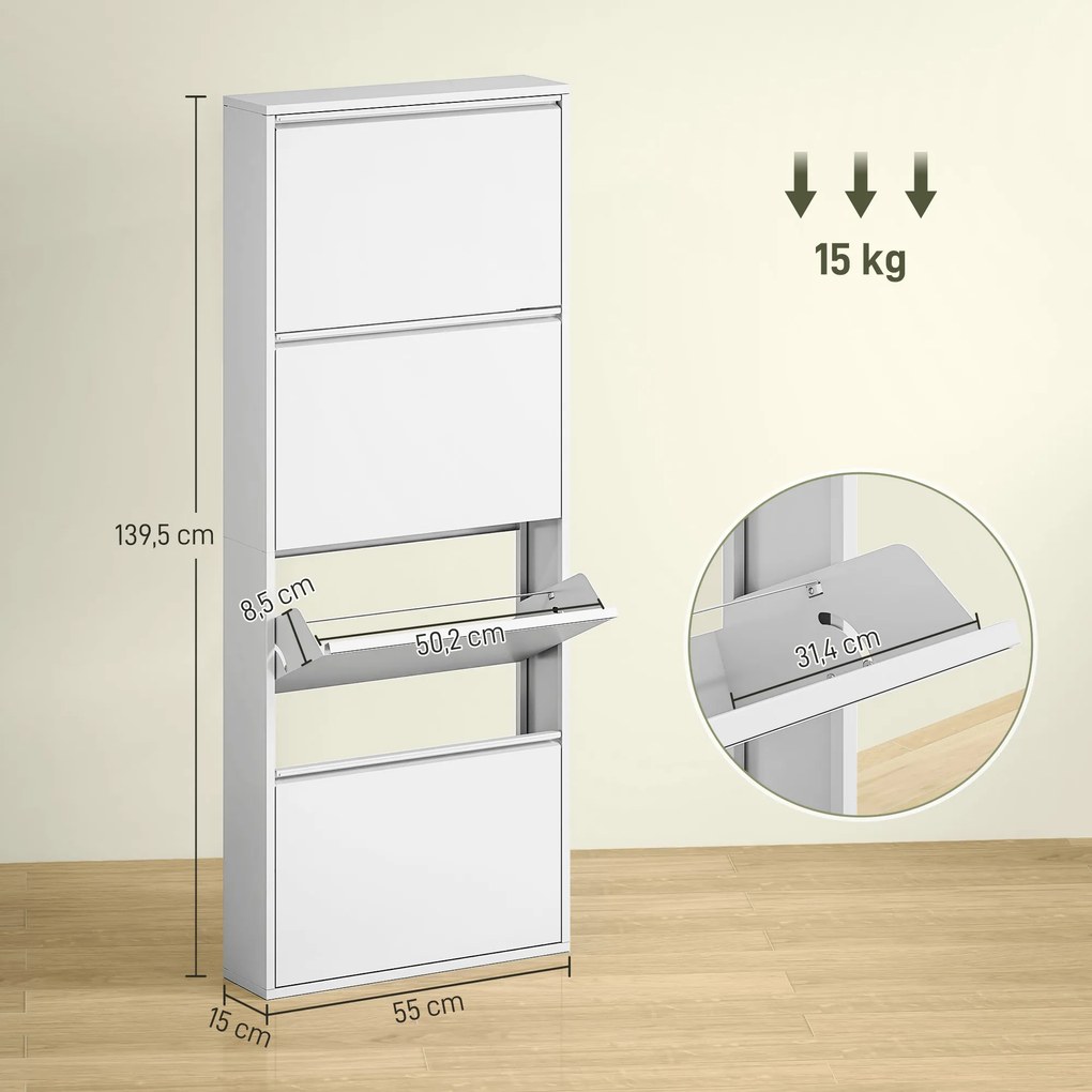 HOMCOM Kovový botník se 4 sklápěcími dvířky, úzký botník pro 8 párů bot 55 x 15 x 139,5 cm Bílý