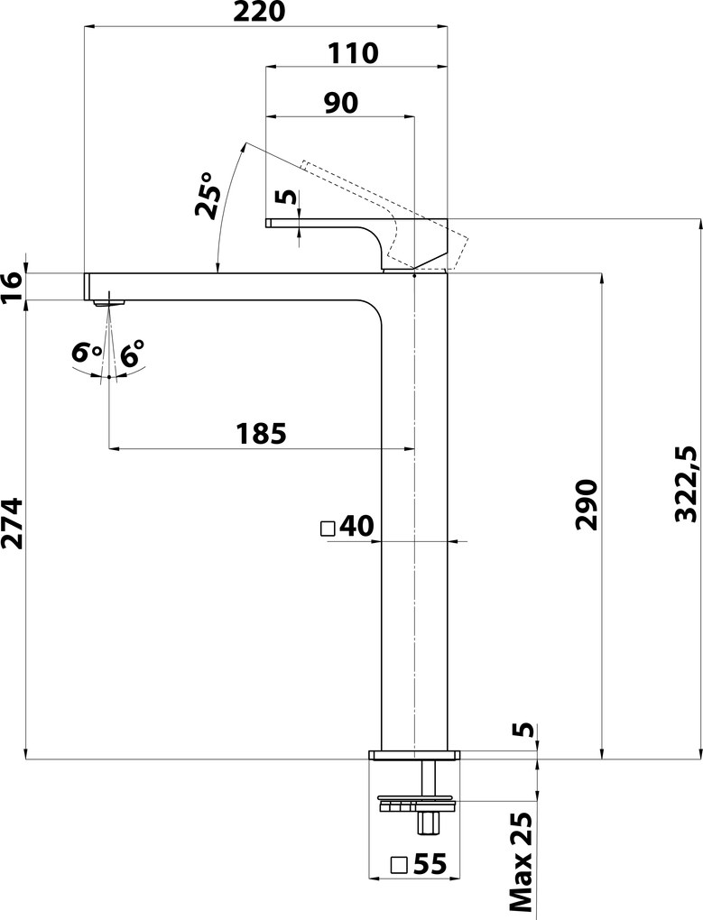 Sapho FORATA  stojánková umyvadlová baterie vysoká bez výpusti prodloužená hubice černá mat FT007/15