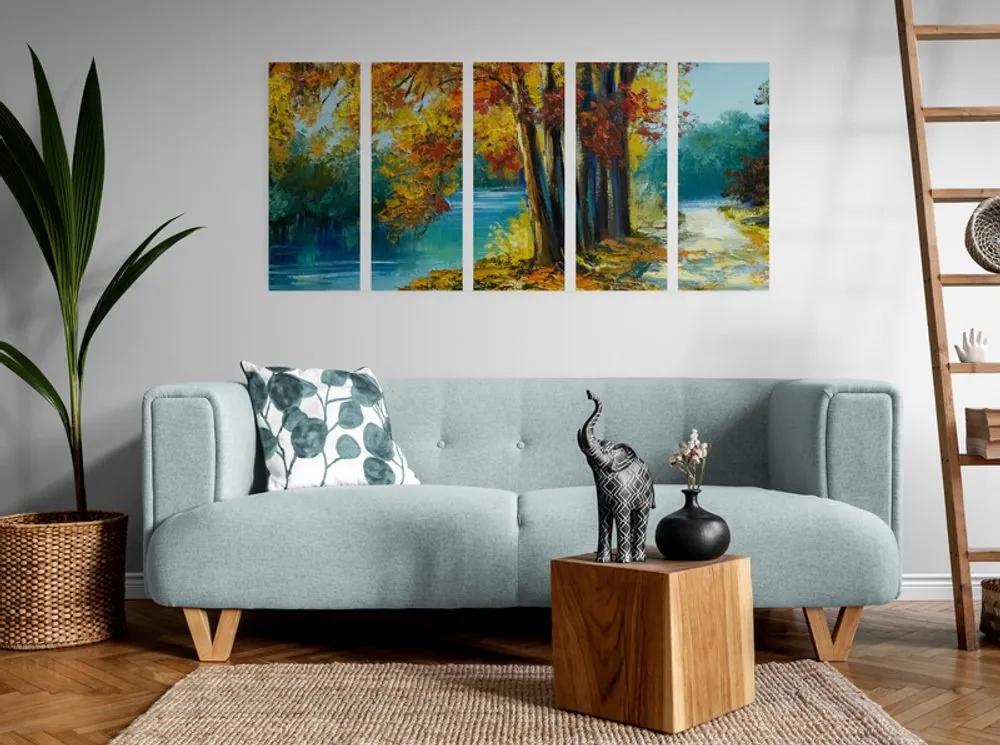 5-dílný obraz malované stromy v barvách podzimu - 200x100 cm