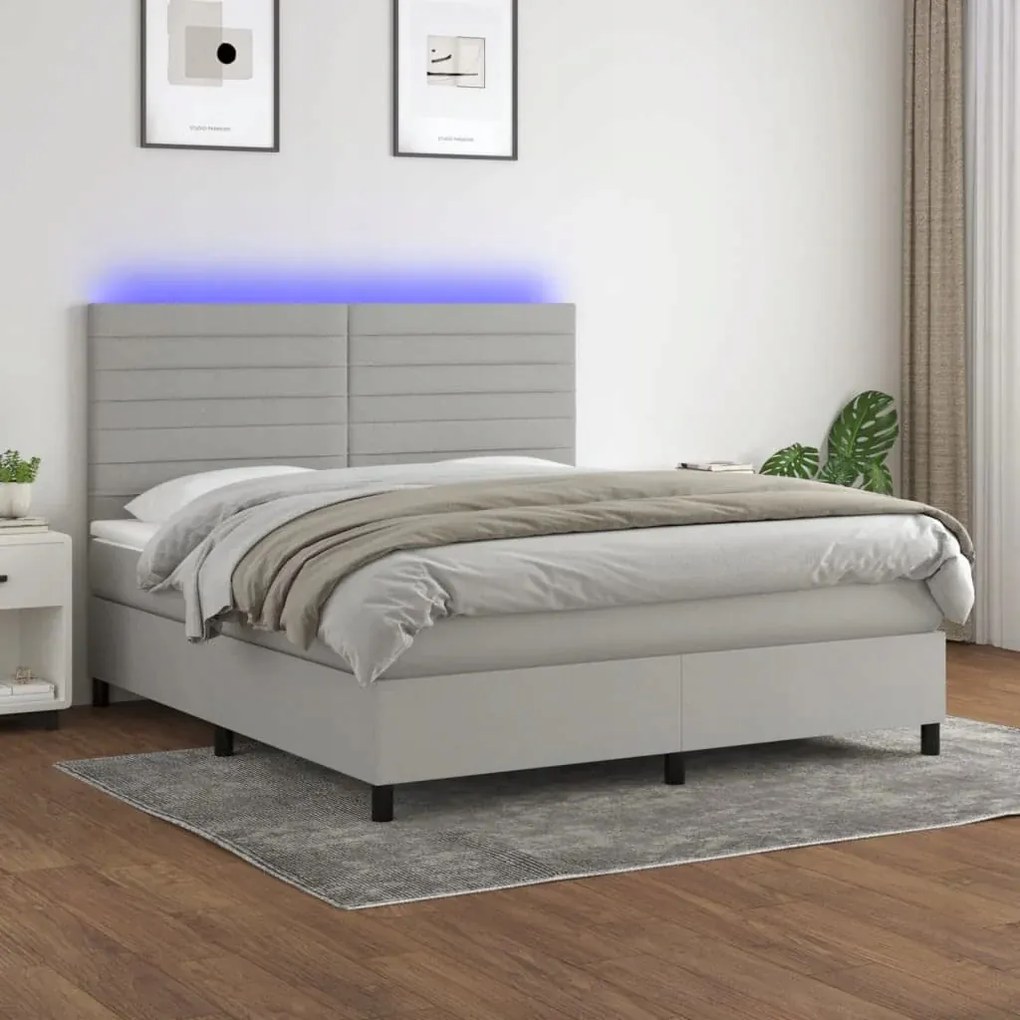 Box Spring Postel S Matrací A Led Textil Světle Šedá vodorovné pruhy 180