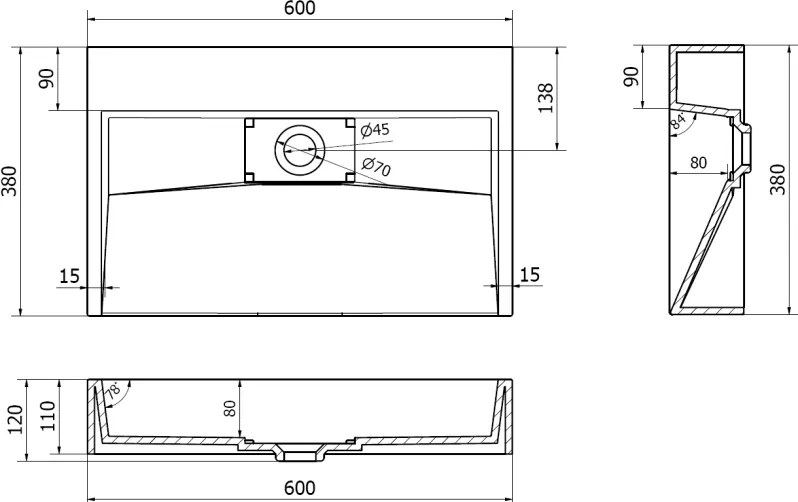 Mexen Ava, umyvadlo na desku z konglomerátu B/O 60 x 38 cm, černá matná, 23016070