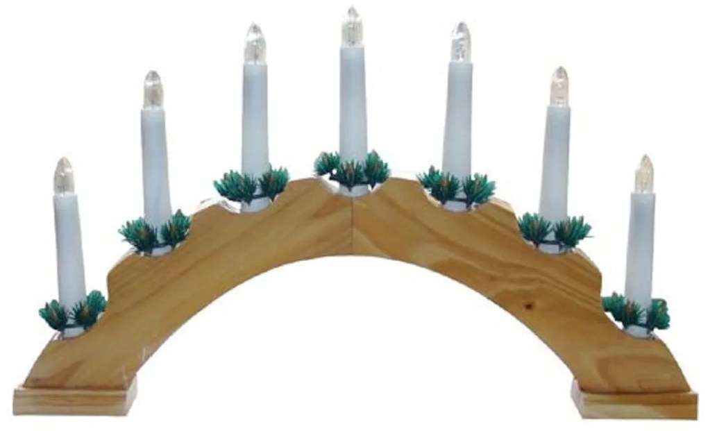 Vánoční dřevěný svícen ve tvaru oblouku přírodní, 7 svíček, teplá bílá