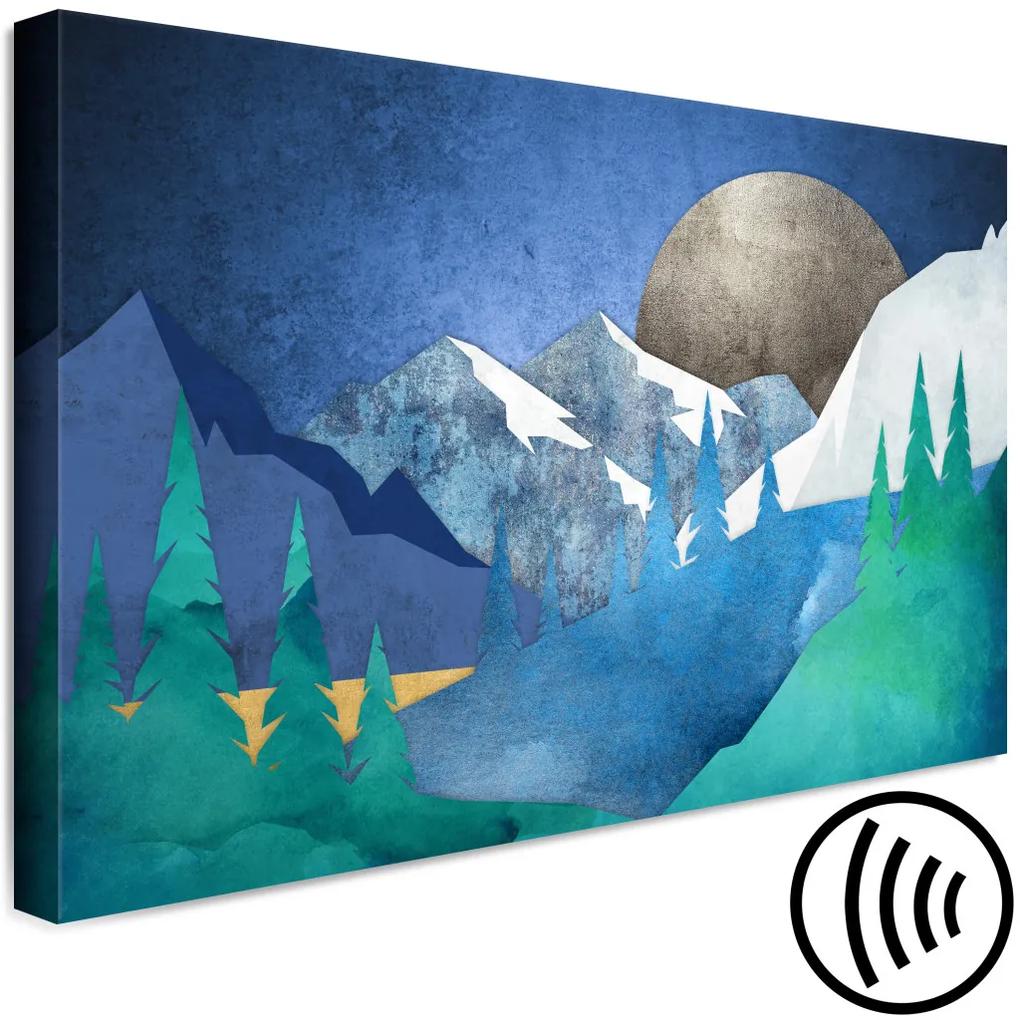 Obraz Večerní idyla - grafika s horami a měsícem v tmavých barvách